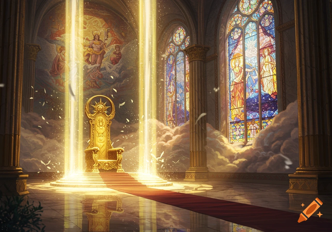 A grand, opulent golden throne room bathed in divine light, featuring ...