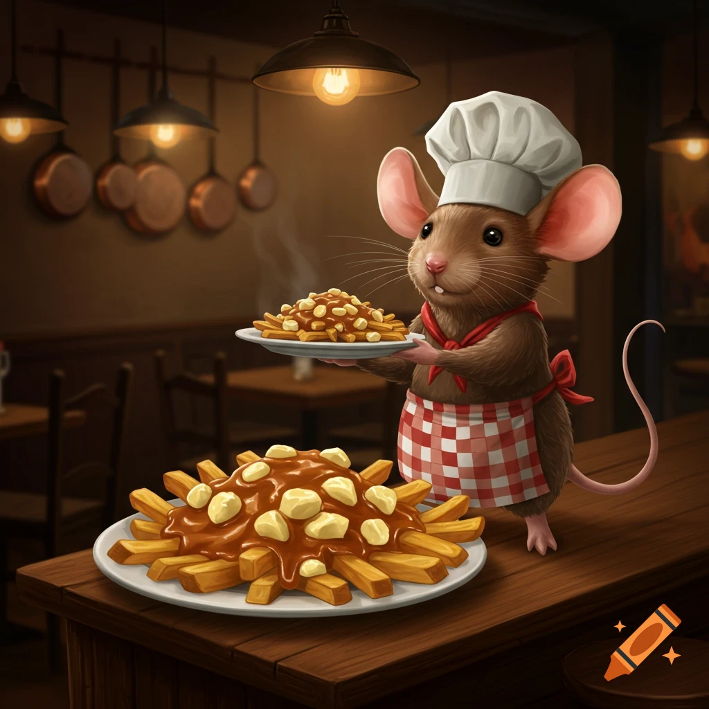 A cartoon mouse chef wearing a white toque and a red plaid apron holds ...