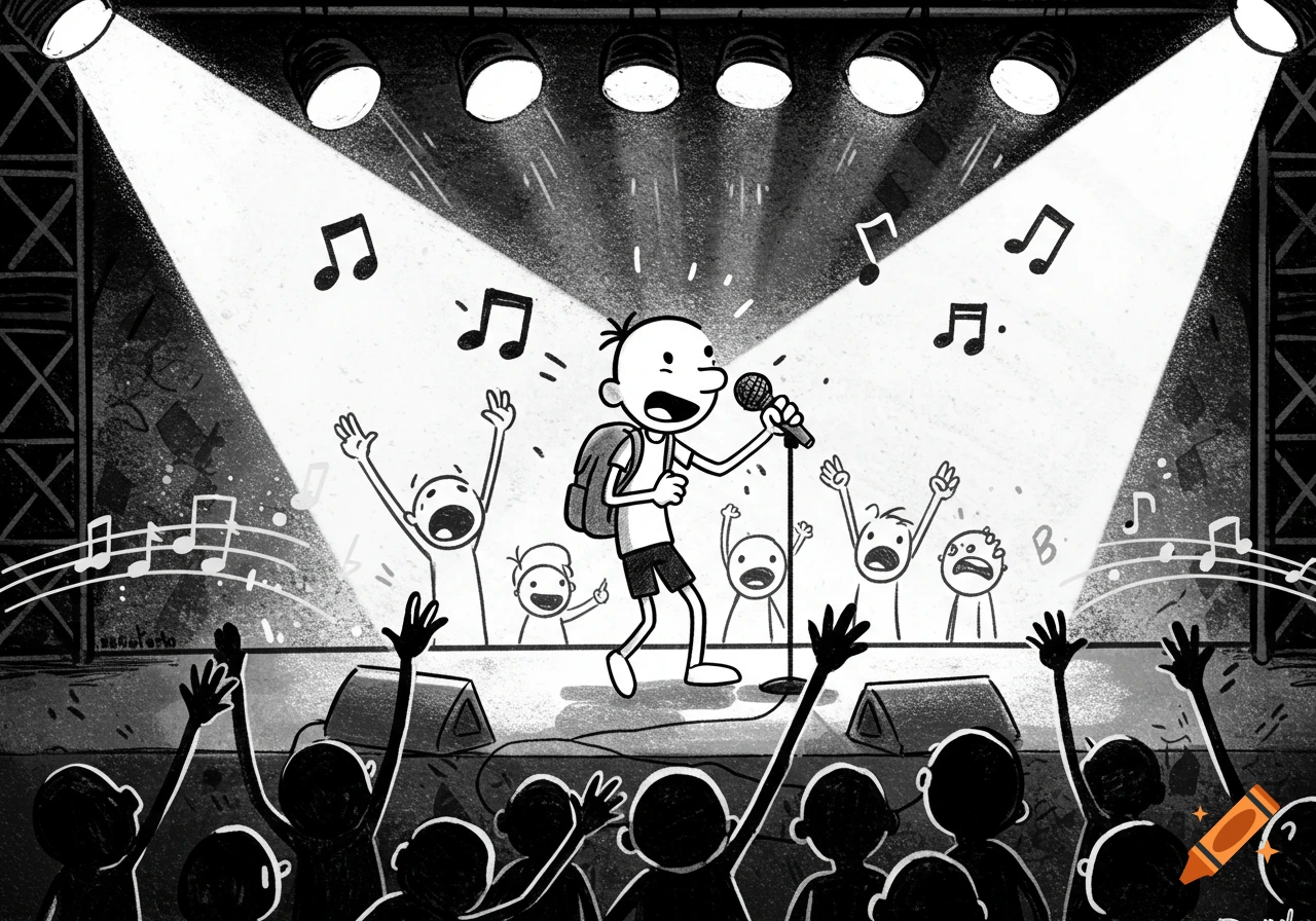Black and white cartoon of Greg Heffley singing into a microphone on ...