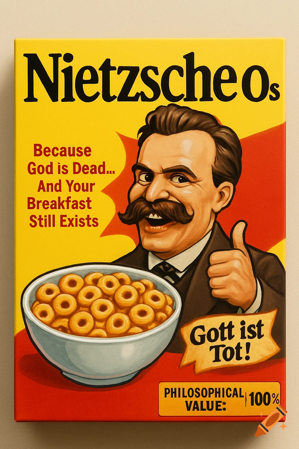 A cartoon cereal box 'Nietzsche O's' with a smiling Friedrich Nietzsche ...
