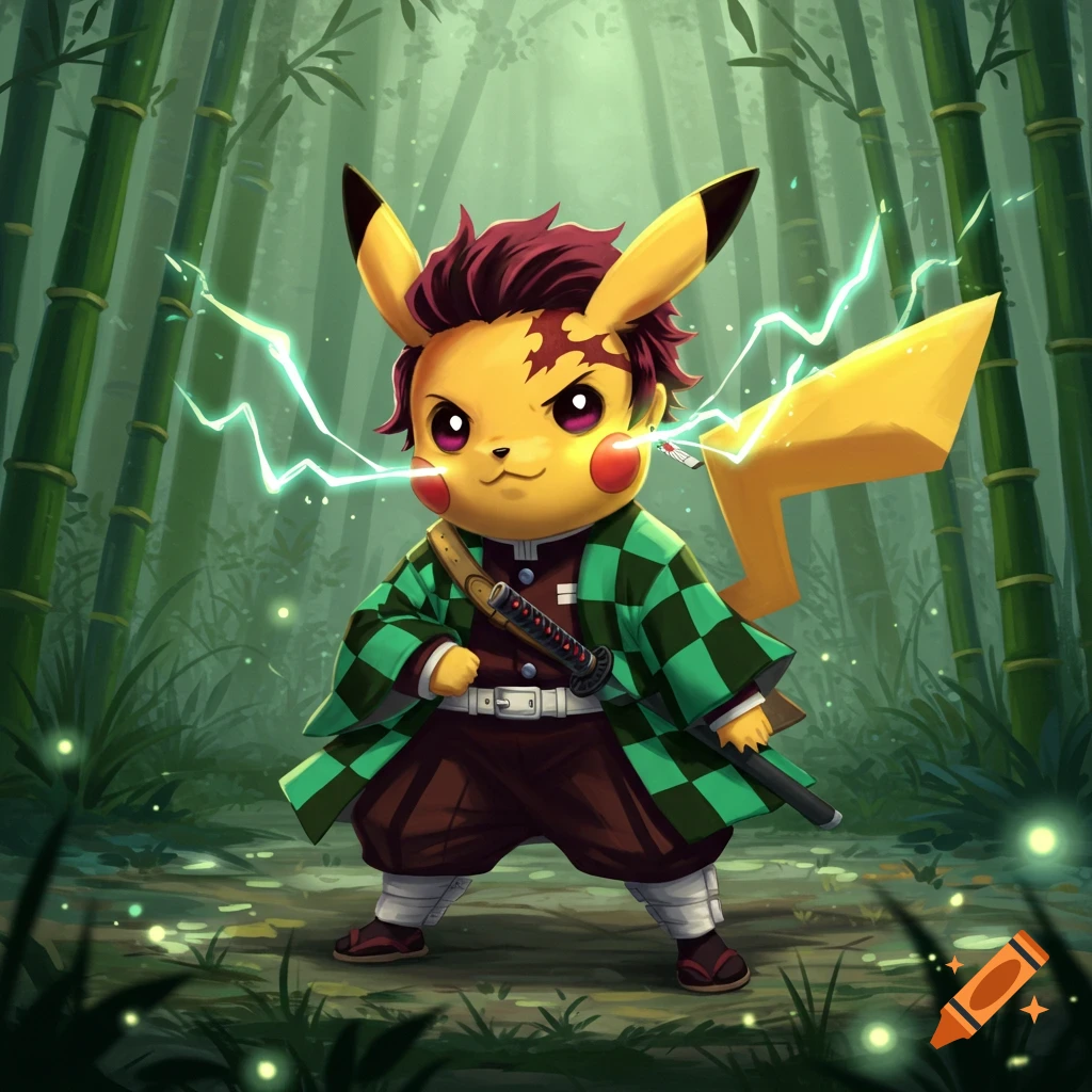 Pikachu dressed as Tanjiro from Demon Slayer, with a katana and lightning, stands in a vibrant ...