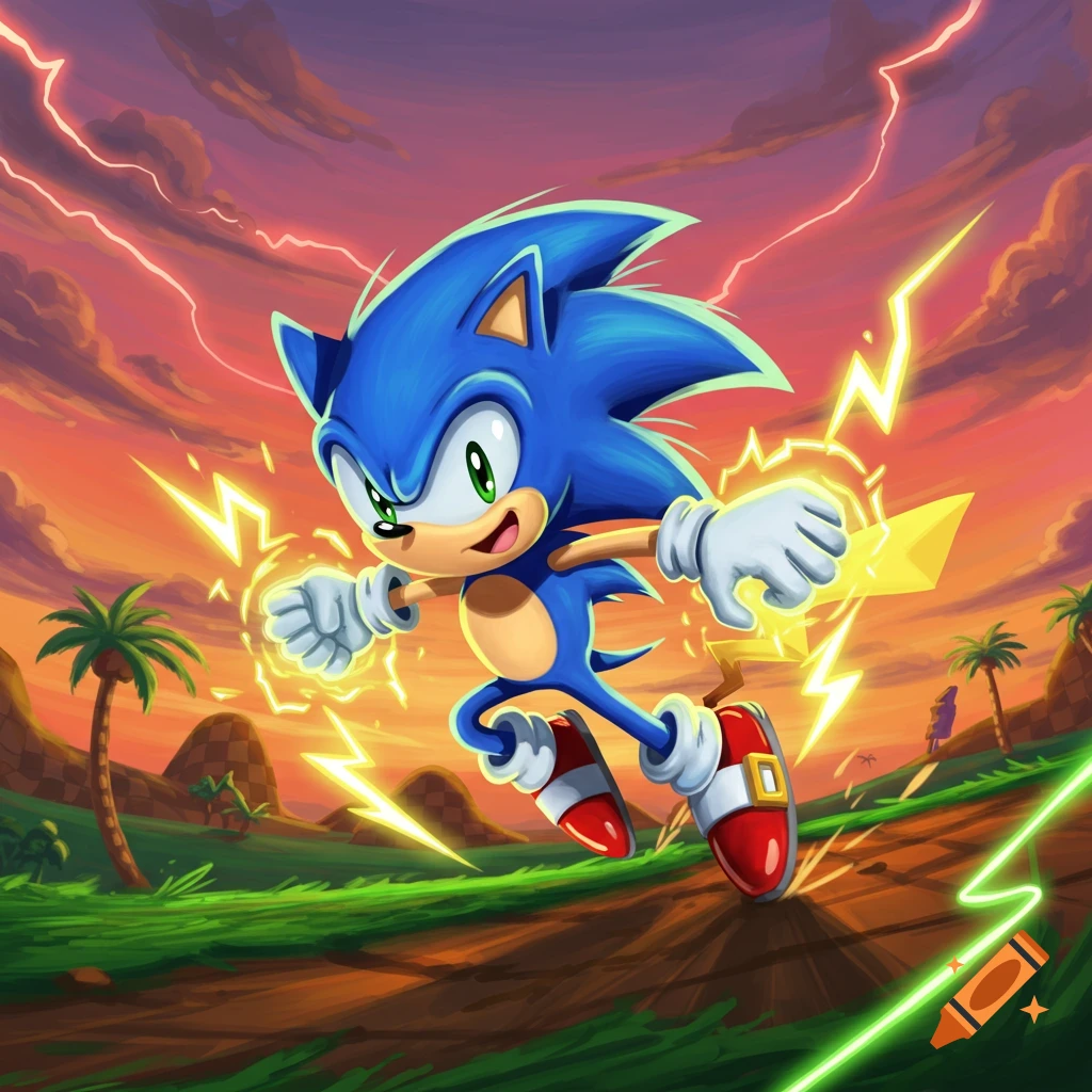 Sonic the Hedgehog speeds through a green landscape with palm trees ...