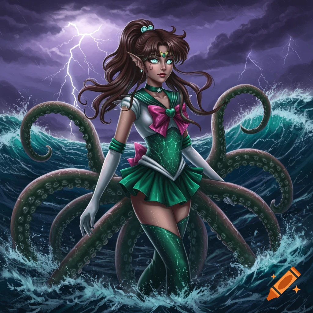 A fantasy character in a green Sailor Scout uniform with octopus ...