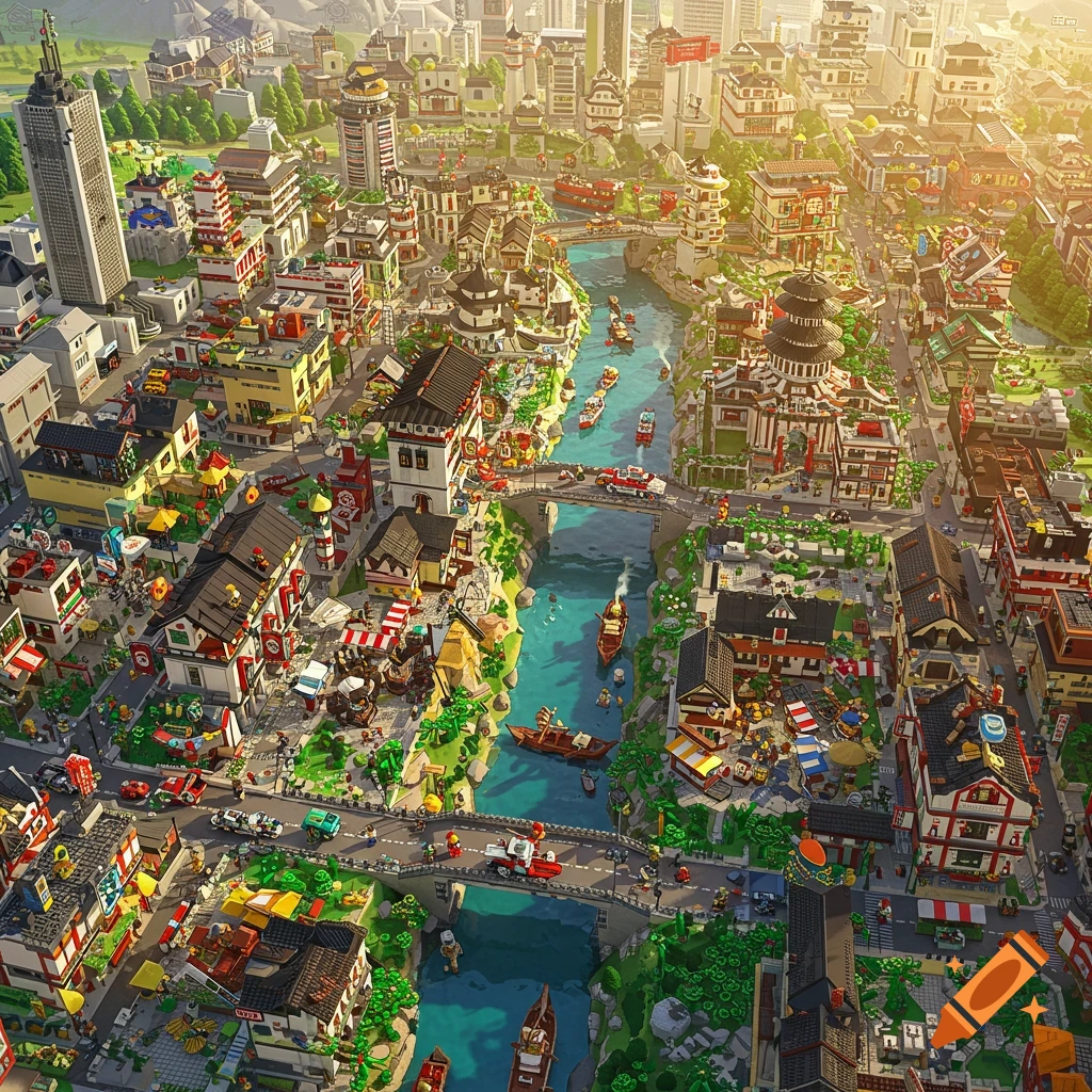 An aerial view of a vibrant, detailed LEGO Ninjago city with a winding ...