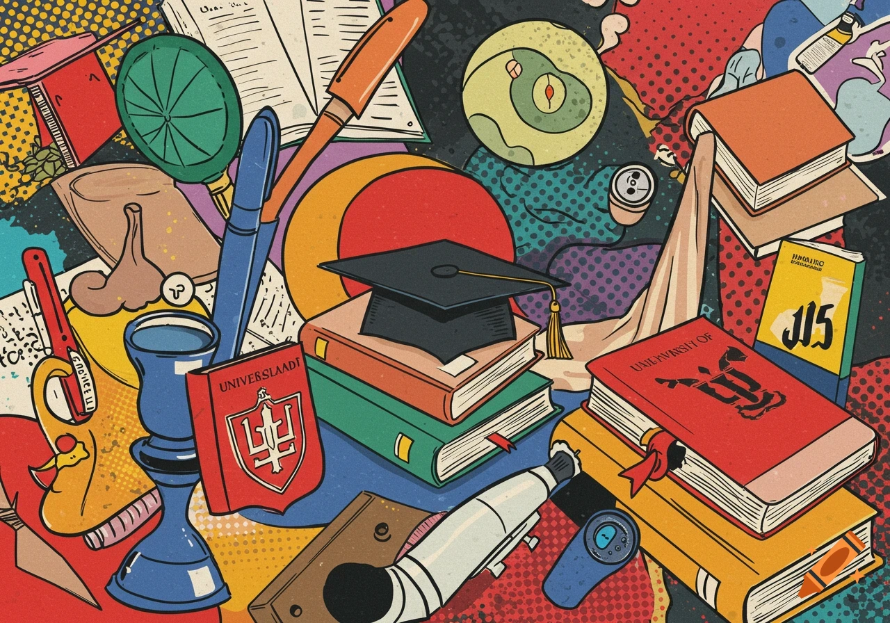 A vibrant pop art collage of academic items including books, a ...