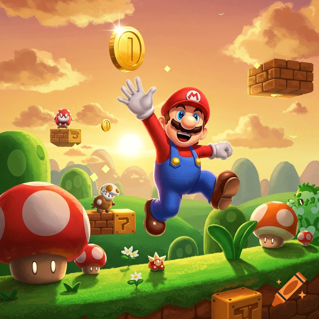 Mario jumps in a vibrant, cartoonish landscape with coins, mushrooms ...