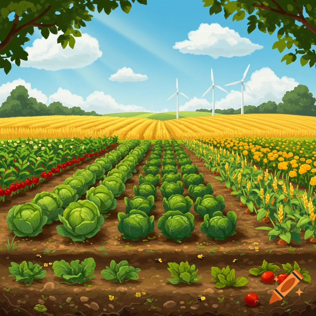 Vibrant cartoon farm field with rows of cabbages, red tomatoes, yellow ...