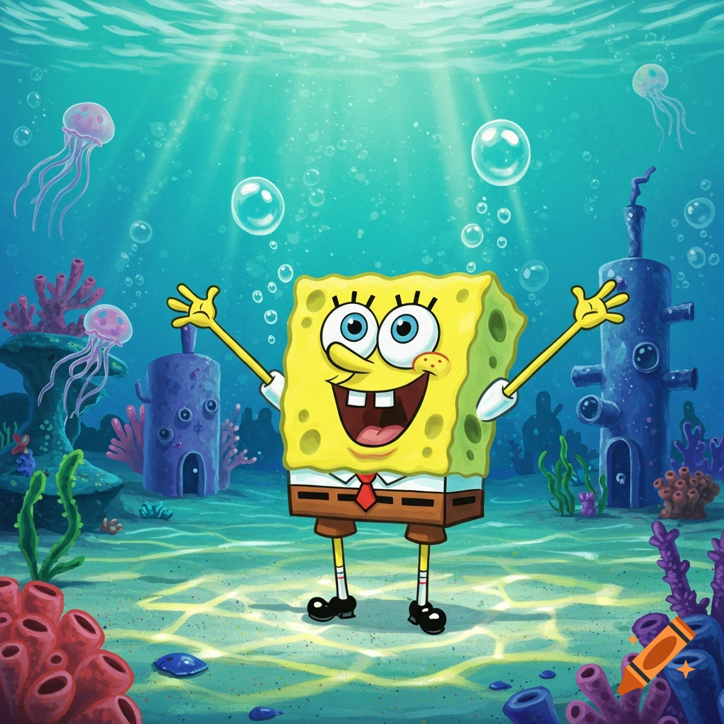 Spongebob Squarepants happily stands with arms raised in a vibrant ...
