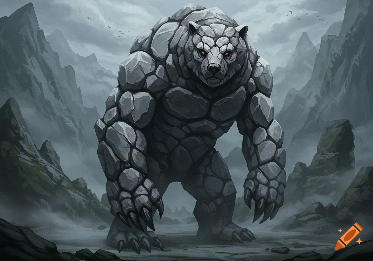 A formidable stone bear-like beast with glowing red eyes and sharp ...