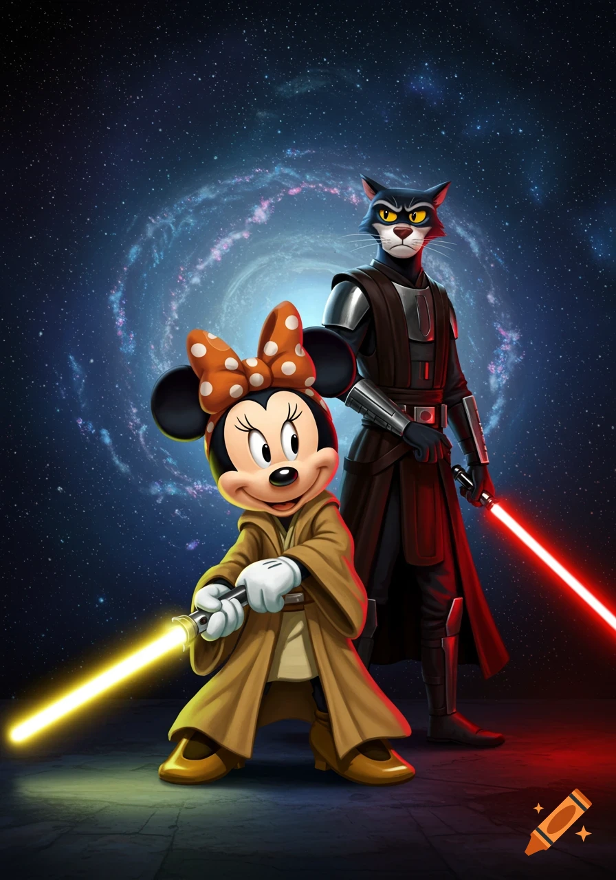 Minnie Mouse as a Jedi with a yellow lightsaber and Pete the Cat as a ...