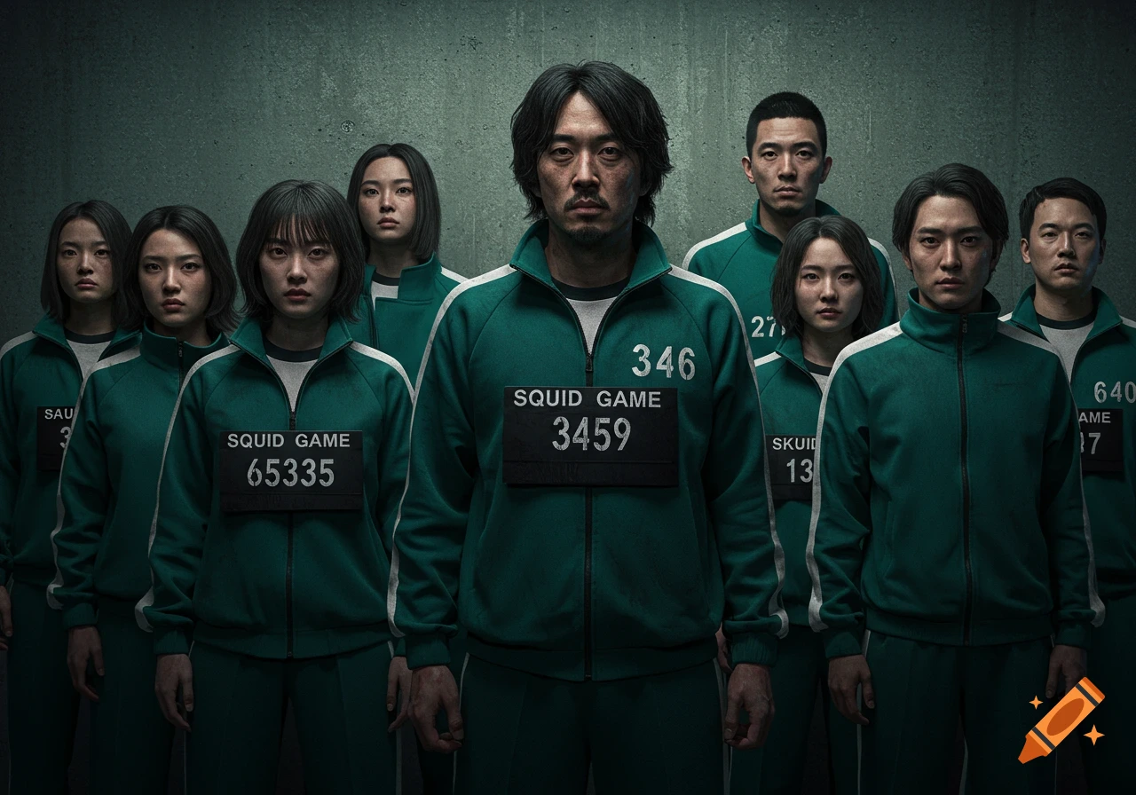 A group of people, dressed in green Squid Game tracksuits, stand facing ...