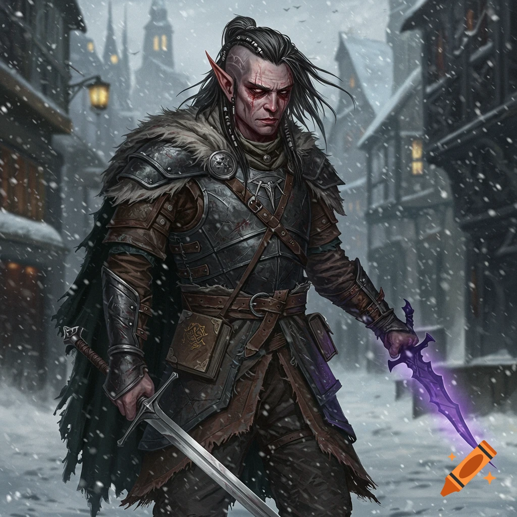 A dark fantasy High Elf warrior in weathered armor holds a steel sword ...