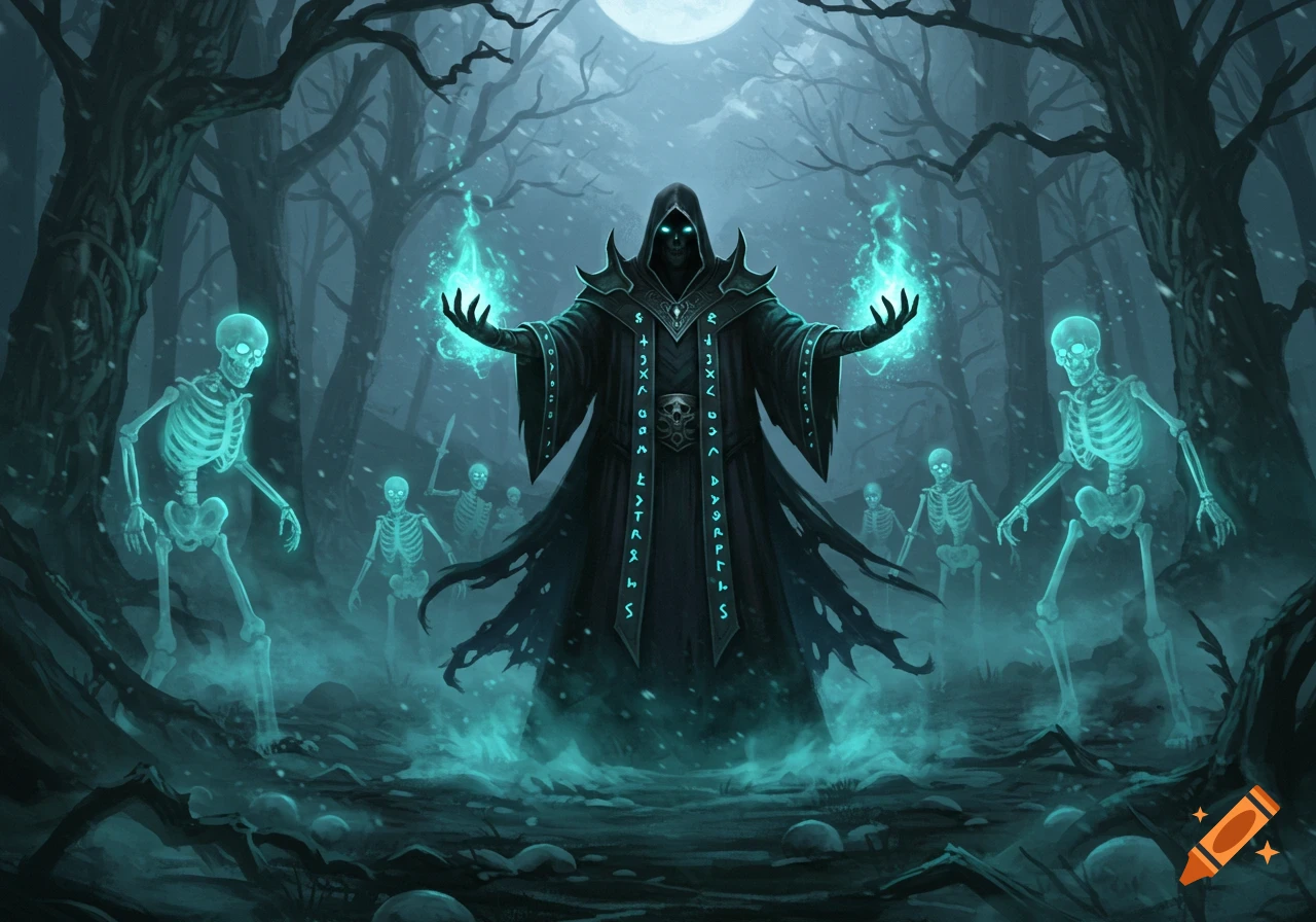 A necromancer in a black hooded robe stands in a dark, snowy forest ...