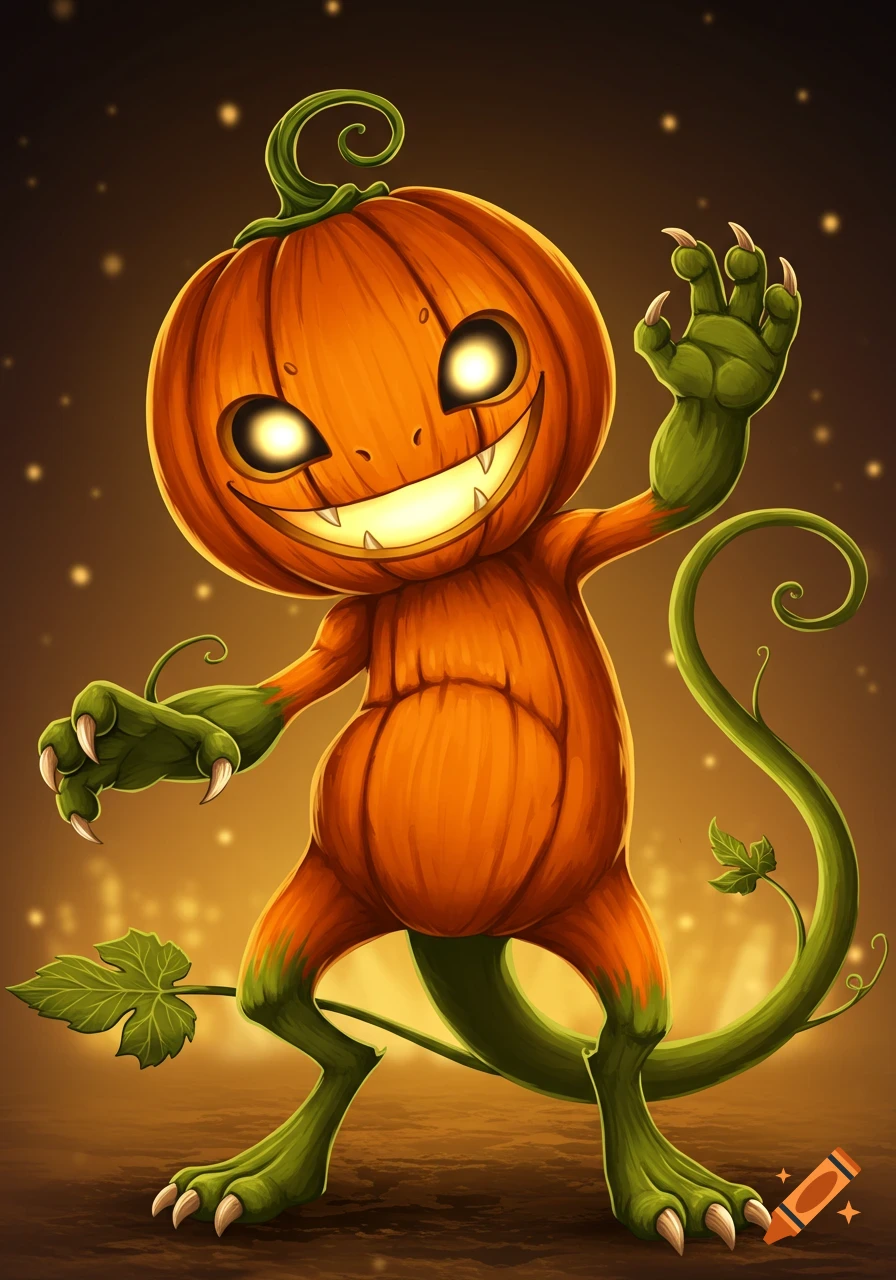A cartoonish, anthropomorphic pumpkin creature with a fanged grin ...