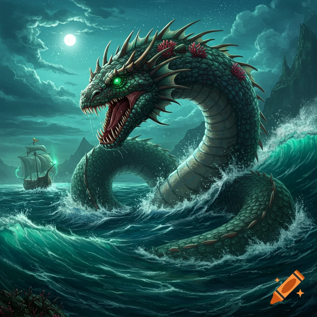 A colossal green sea serpent with glowing eyes rises from stormy teal ...