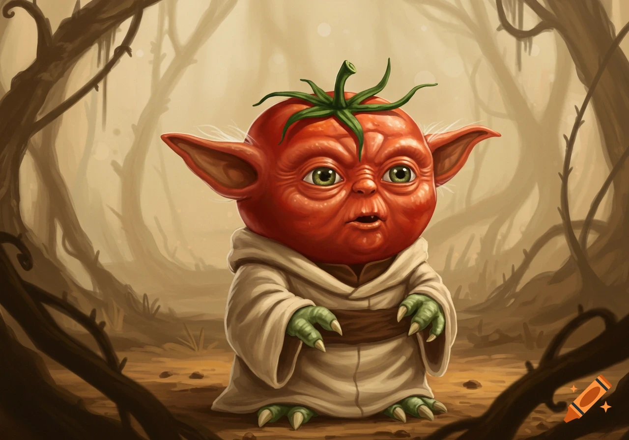 A stylized character resembling Yoda with a red tomato for a head ...