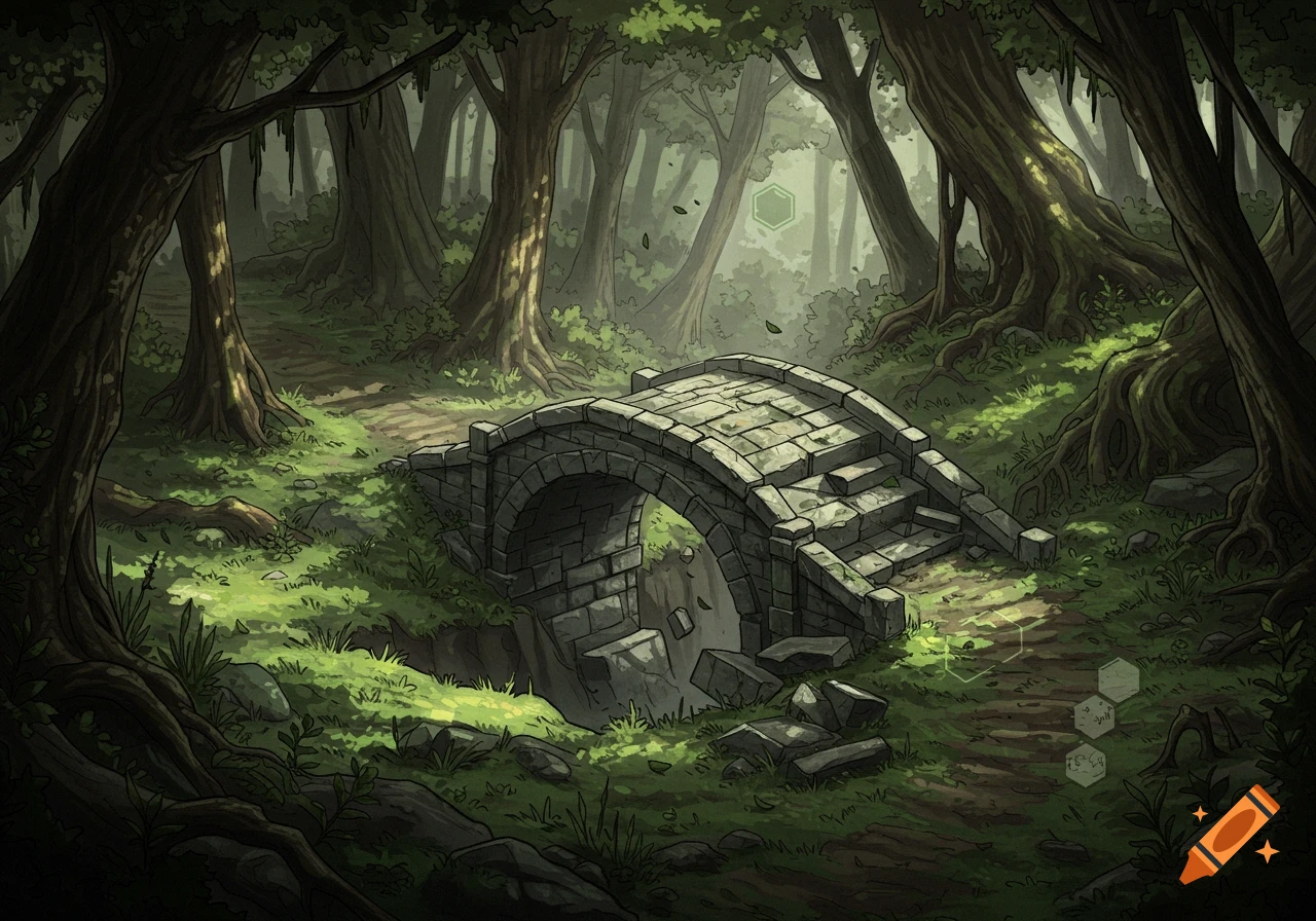 A 2D fantasy role-playing game map showing a damaged stone bridge over ...