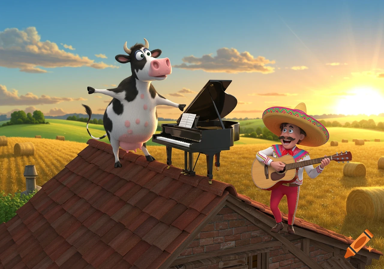 A cartoon cow, grand piano, and a man in a sombrero playing guitar on a ...