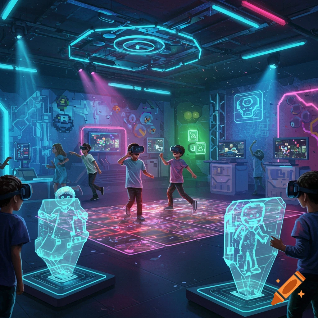 Children wearing VR headsets play in a futuristic neon-lit gaming room ...
