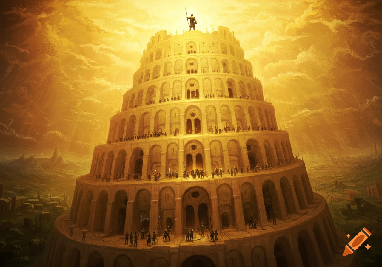 A golden, multi-tiered Tower of Babel rises towards a radiant sky, with ...