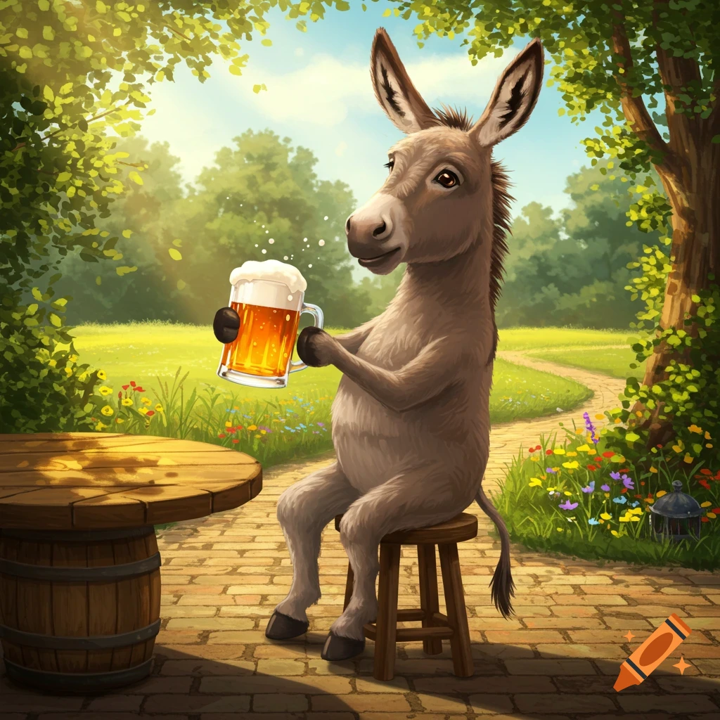 A cartoon donkey sits on a stool, holding a frothy glass of beer in a ...