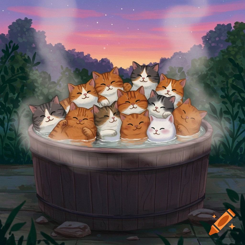 Cute cartoon cats happily bathing in a wooden hot tub surrounded by ...