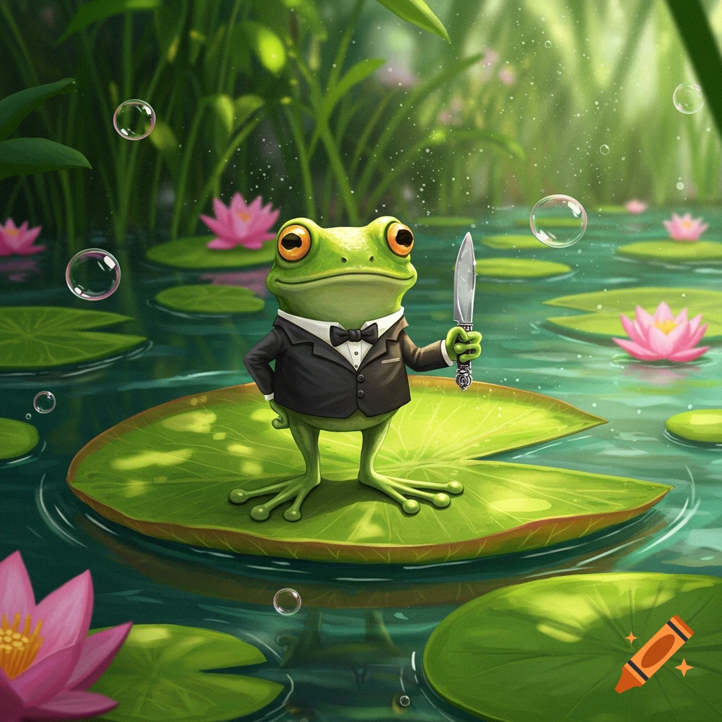 A whimsical cartoon frog in a tuxedo stands on a lily pad, holding a ...