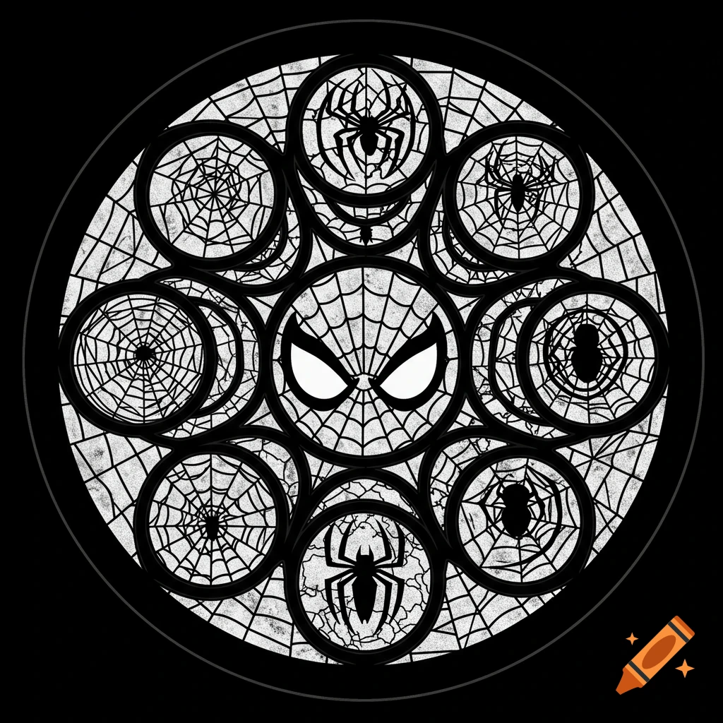 A round black and white stained glass design inspired by Spider-Man ...