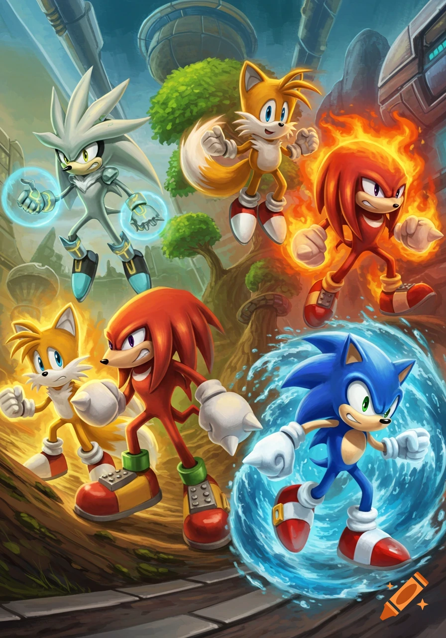 Silver, two Tails, two Knuckles, and Sonic the Hedgehog characters pose ...