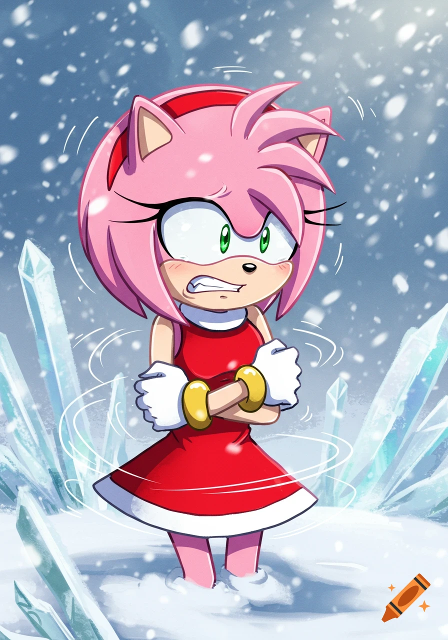 Amy Rose, a pink hedgehog in a red dress, shivers with clenched teeth ...