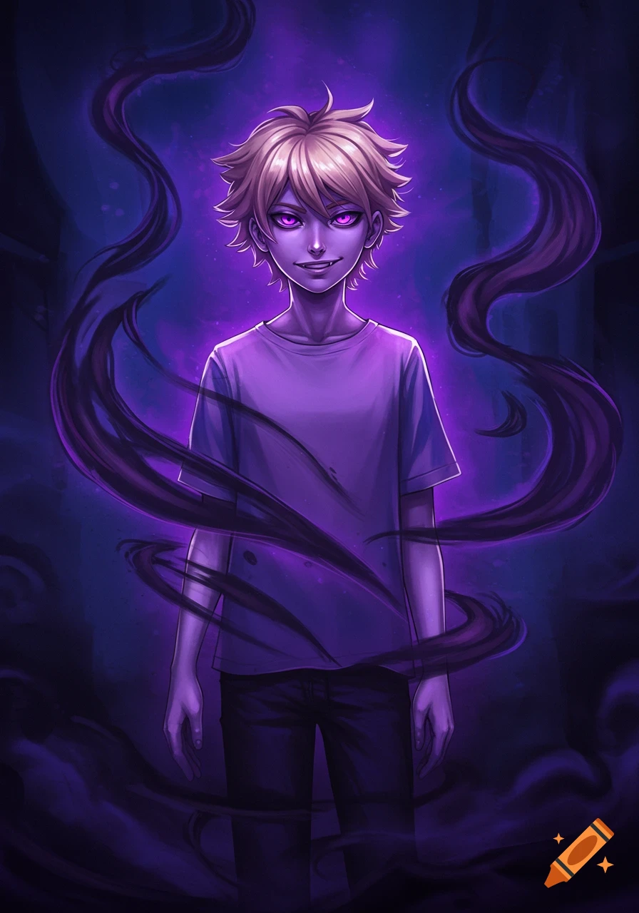 A blonde anime boy with glowing purple eyes and fangs, smirking evilly ...
