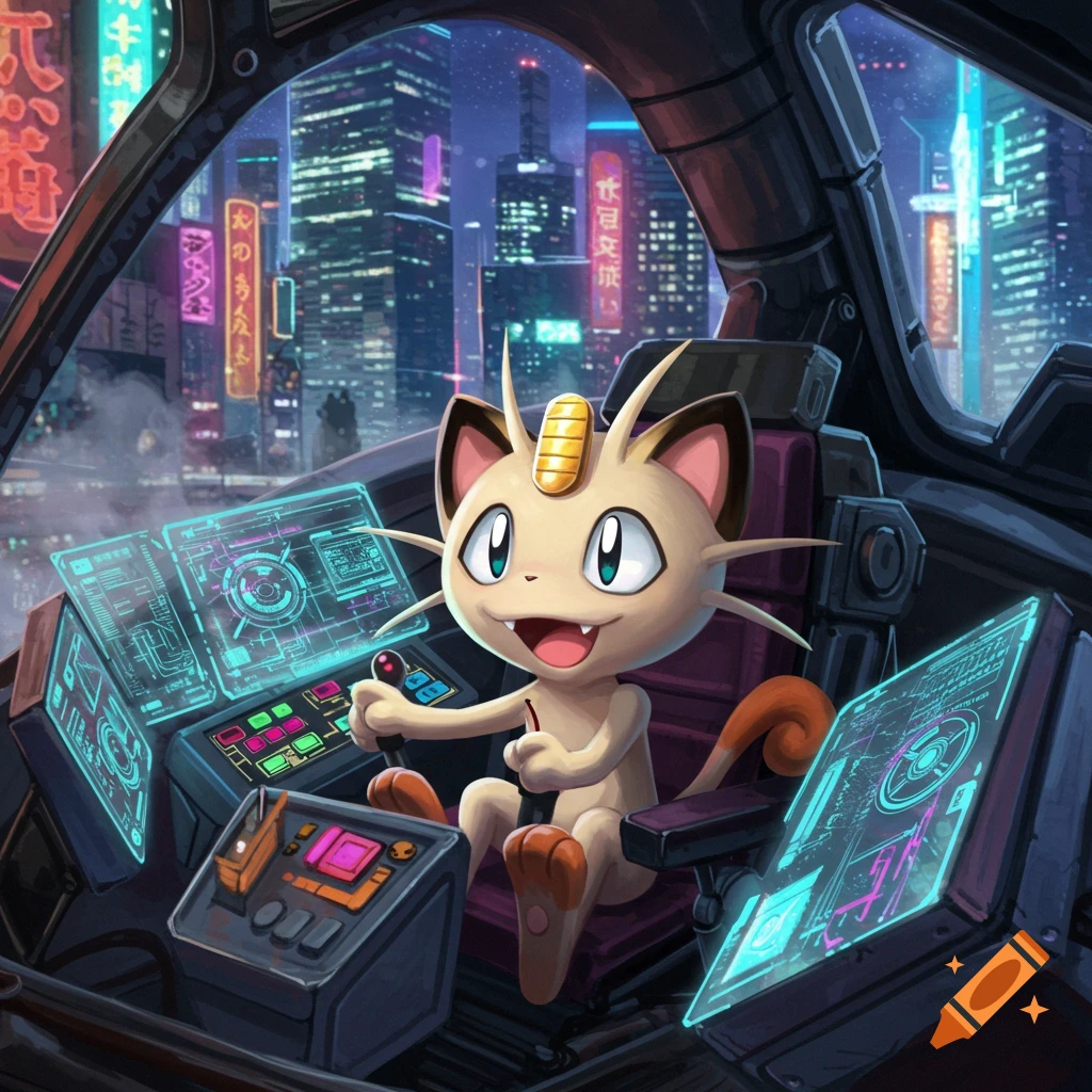 Cartoon Meowth piloting a futuristic spaceship or mech cockpit with a ...