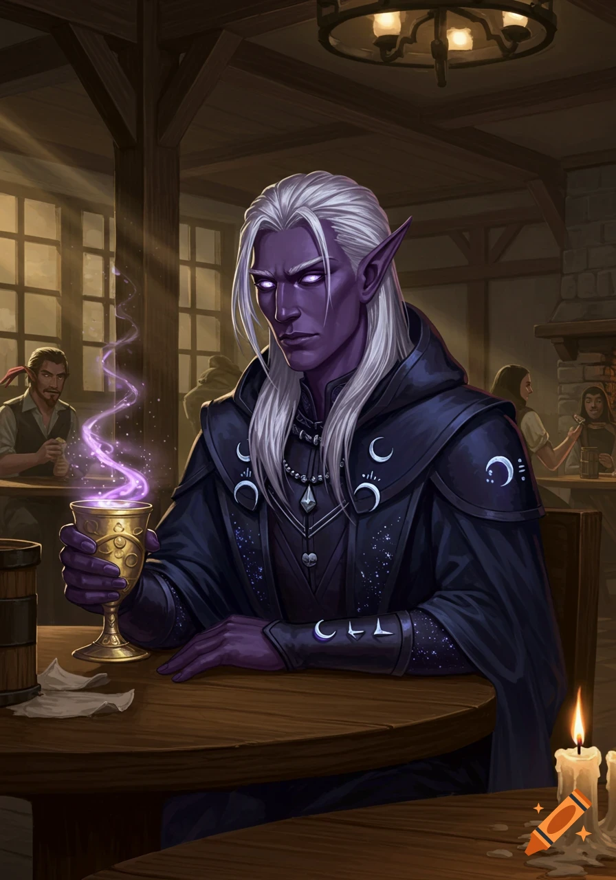 Purple-skinned drow male with white hair and glowing eyes sits at a ...