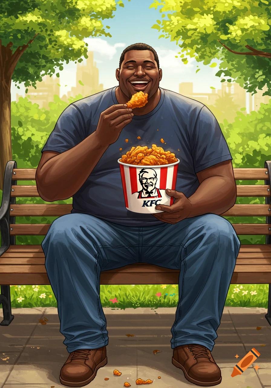 A smiling man sits on a park bench, eating fried chicken from a KFC ...