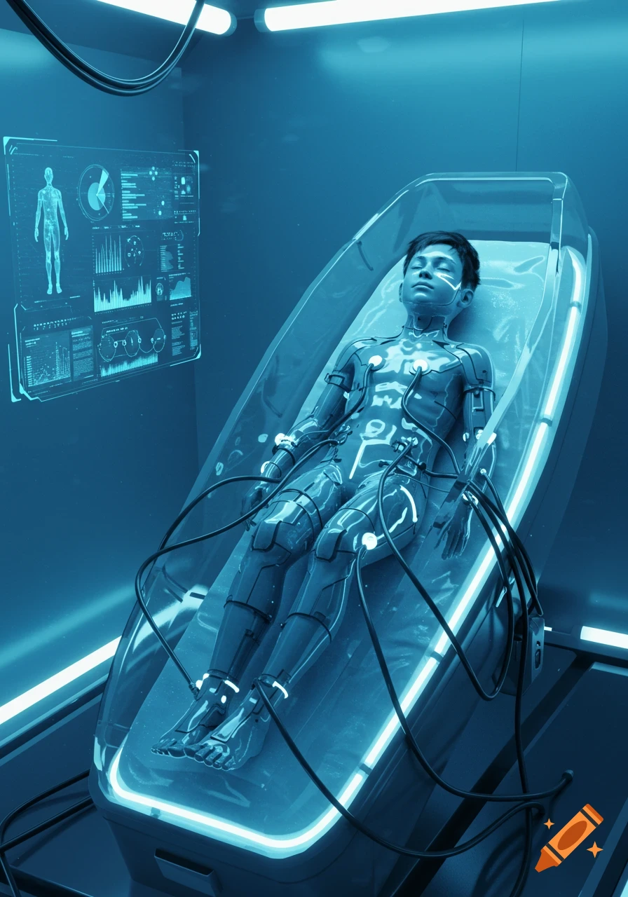 A teenage boy lies in a glowing blue futuristic stasis pod, connected ...