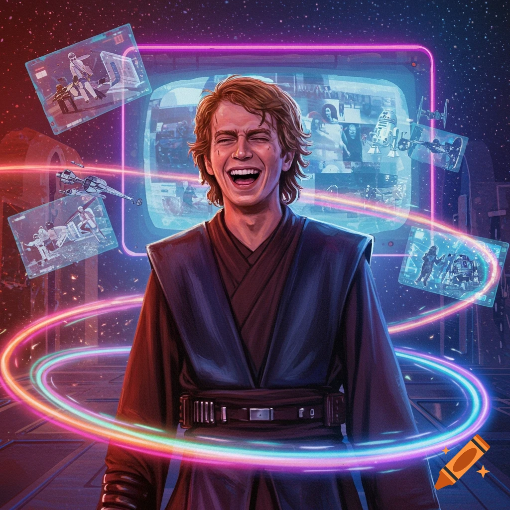Anakin Skywalker laughs amidst neon lights, holographic screens ...