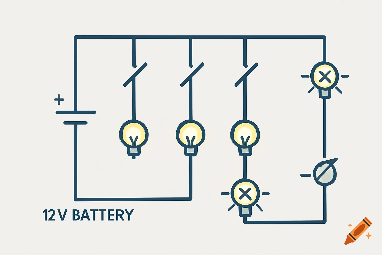 A simple parallel electrical circuit diagram with a 12V battery ...