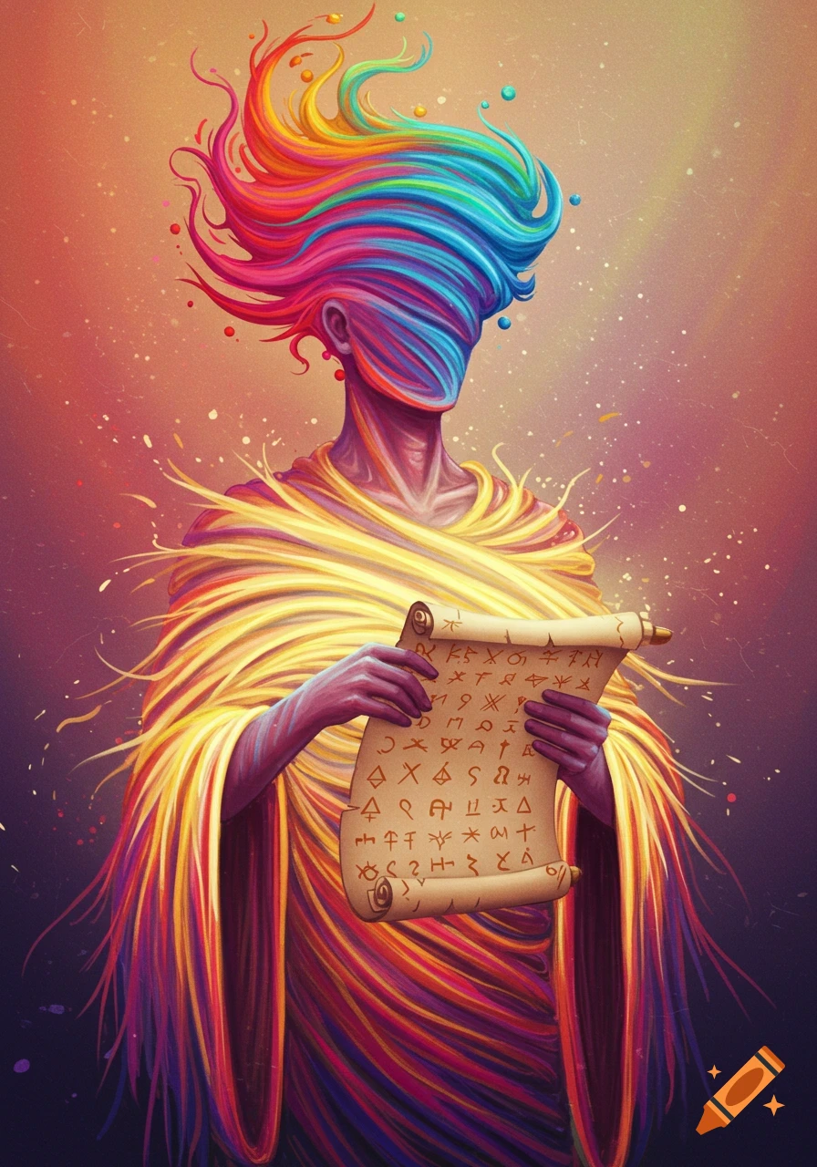 An abstract figure with a swirling rainbow-colored head and a body of ...