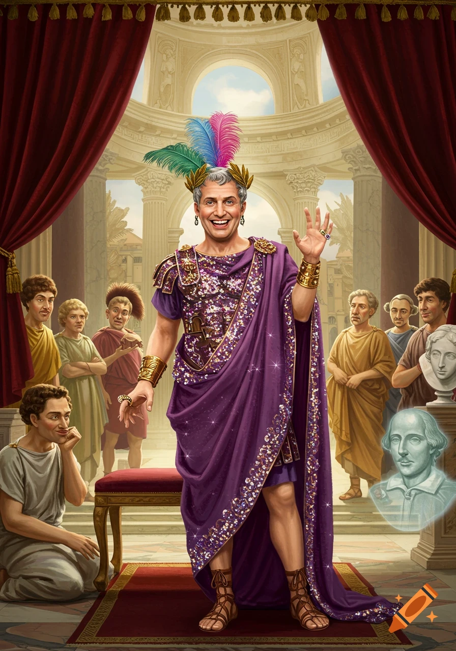 A flamboyant, smiling man dressed as Julius Caesar in a sparkling purple toga and feather ...