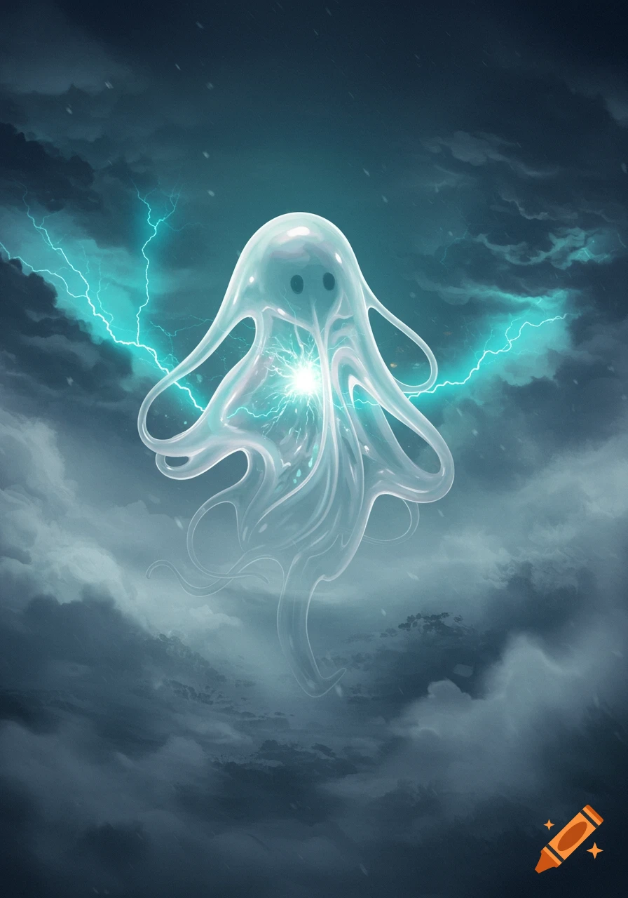 A translucent, glowing, ghost-like creature with tentacle-like limbs ...