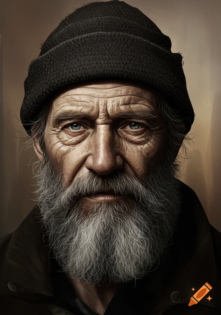A detailed portrait of an elderly man with a long gray beard and a dark ...