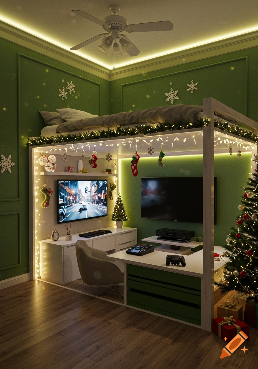A cozy Christmas-decorated bedroom with green walls, a loft bed, and a ...