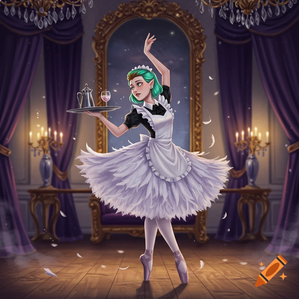 A green-haired character in a maid uniform with a feathery tutu and ...