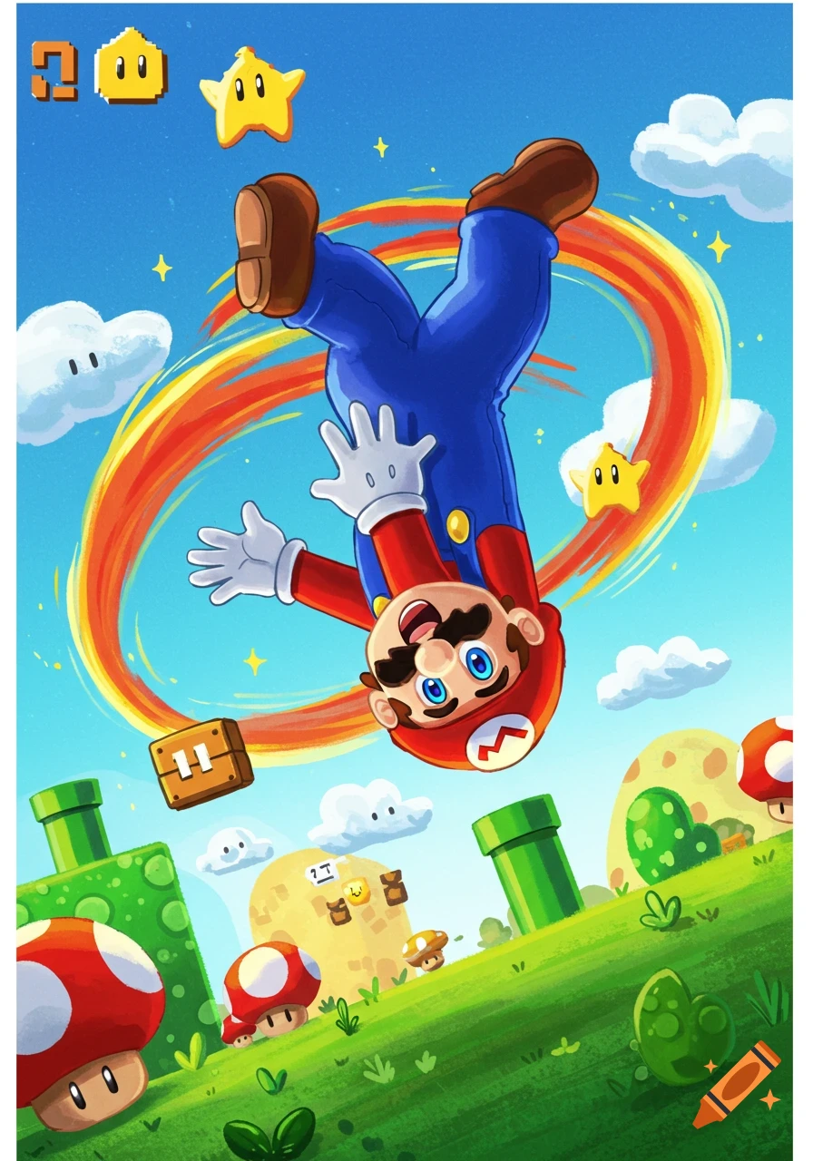 Cartoon illustration of Super Mario doing a backflip, falling upside ...