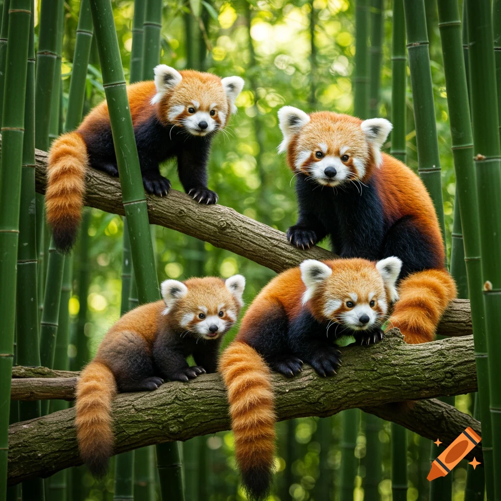 Four red pandas with reddish-brown and black fur sit on tree branches ...