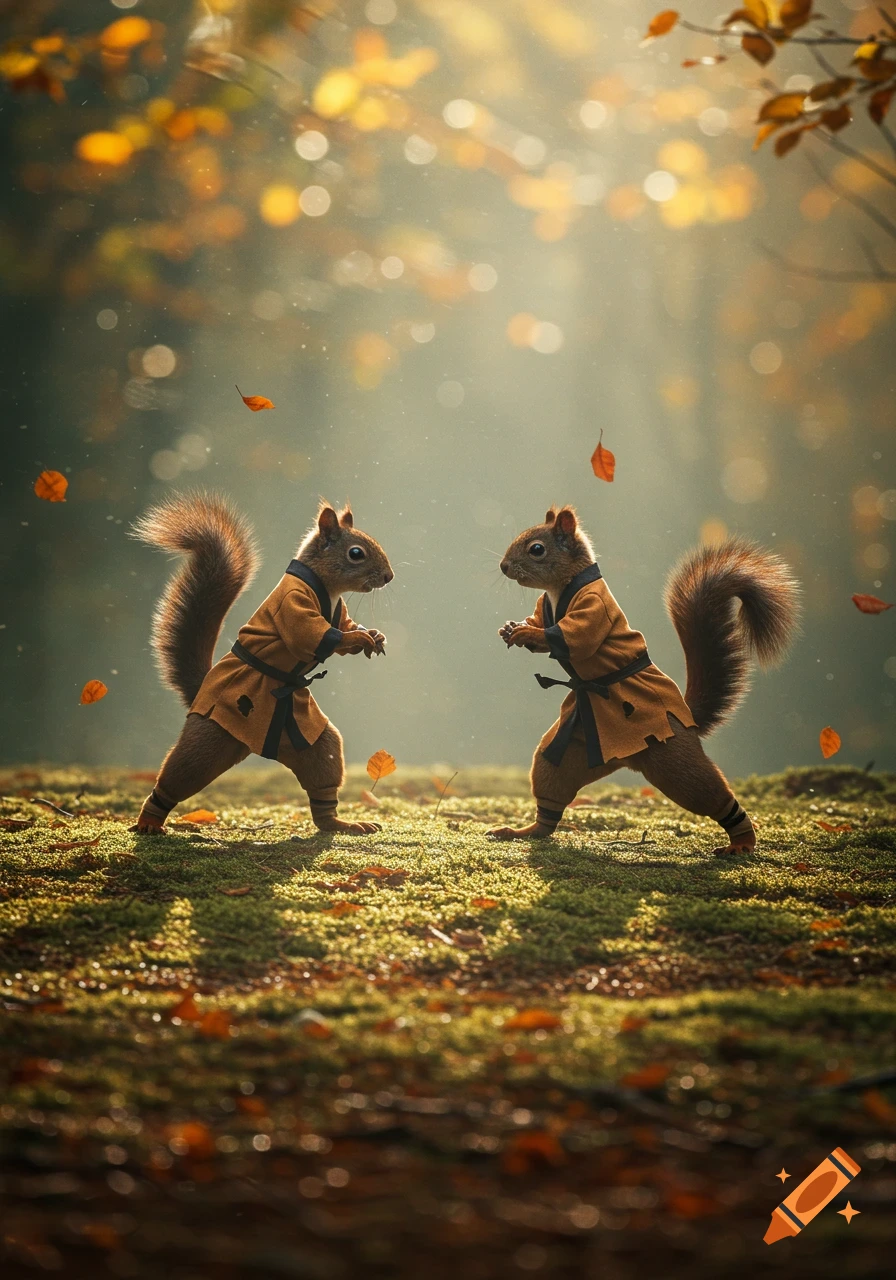 Two squirrels in yellow kung-fu robes stand in a combat stance, facing ...