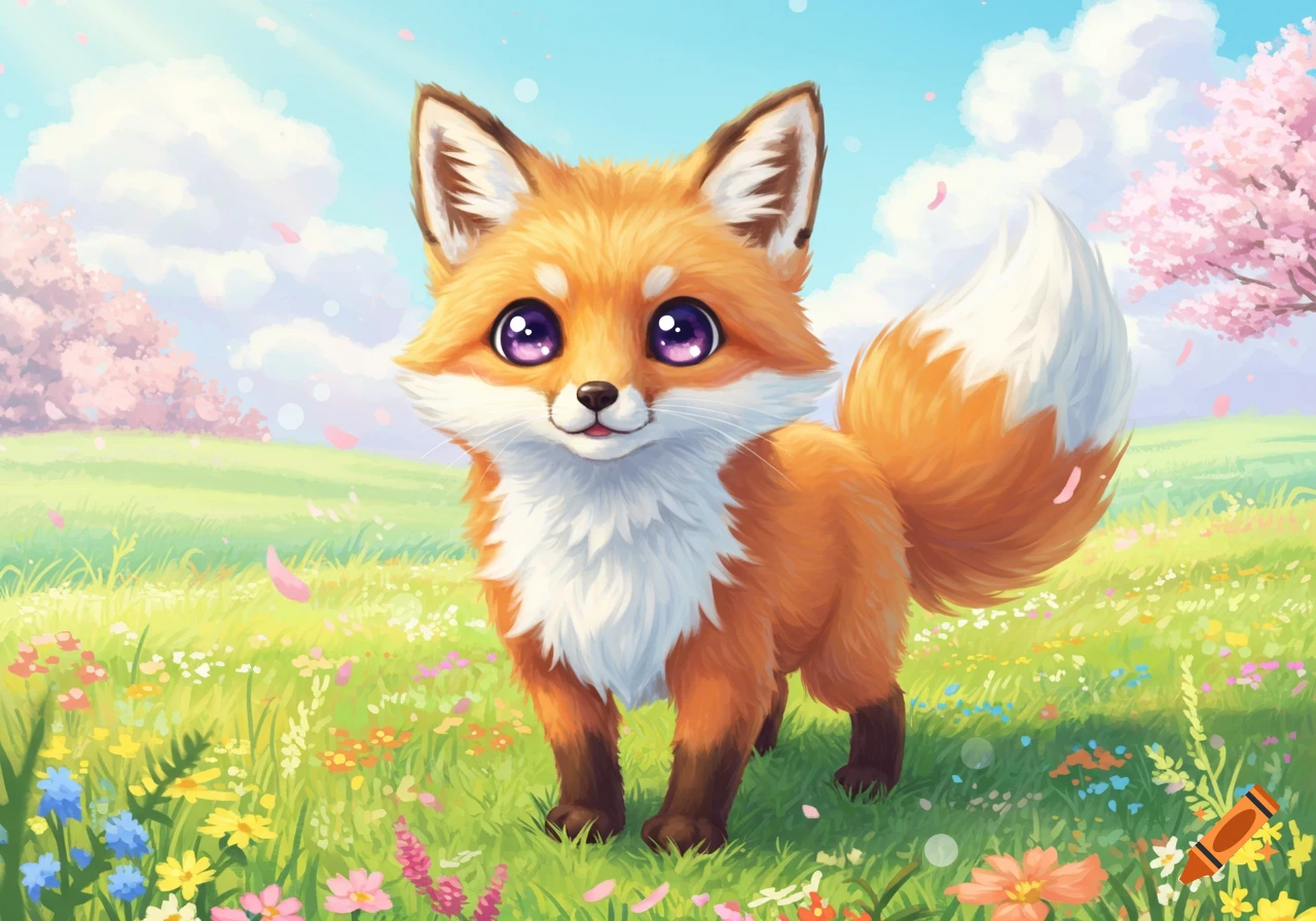 A cute anime-style fox with large purple eyes stands in a vibrant field ...