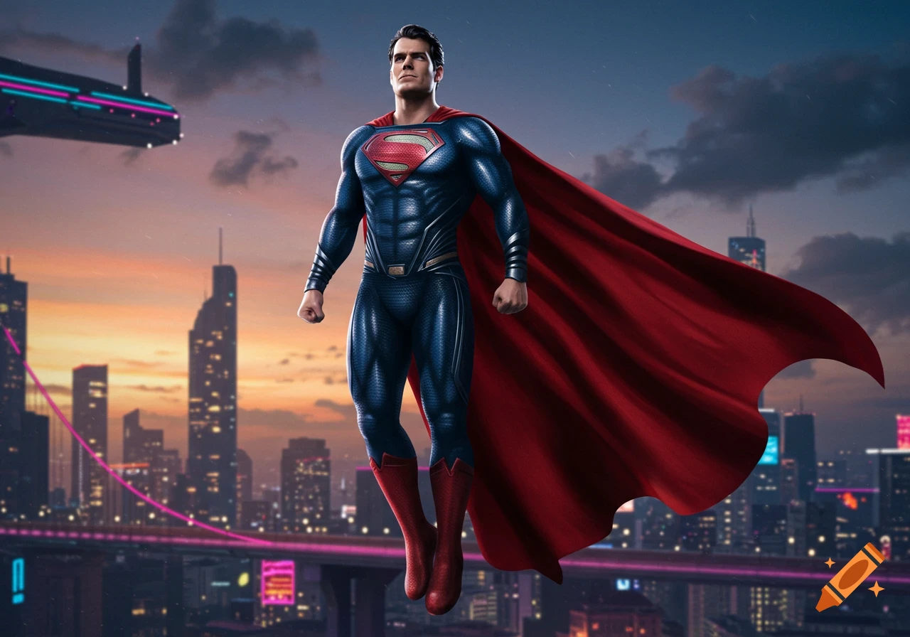 Superman, in a modern blue suit with a red cape, floats above a ...