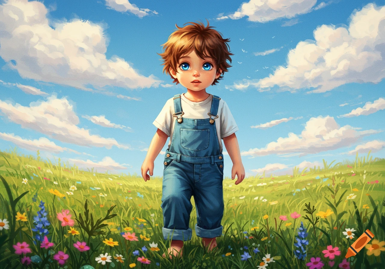 A young, brown-haired boy with large blue eyes wears denim overalls and stands barefoot in a ...