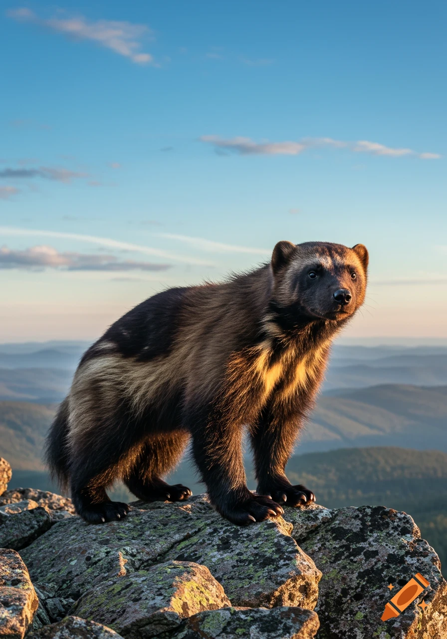 A photorealistic wolverine with dark and light striped fur stands on a ...